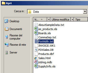 Finestra Apri con il file di testo selezionato