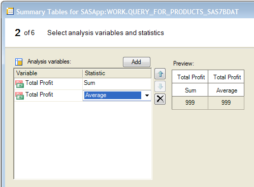 Select analysis variables and statistics for the Summary Table
