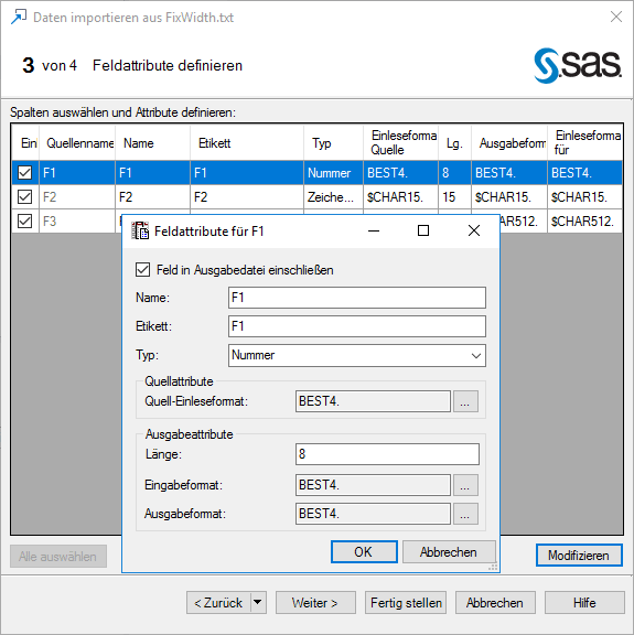 Feldattribute definieren-Seite