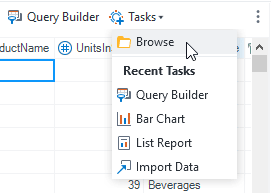Tasks menu on the toolbar