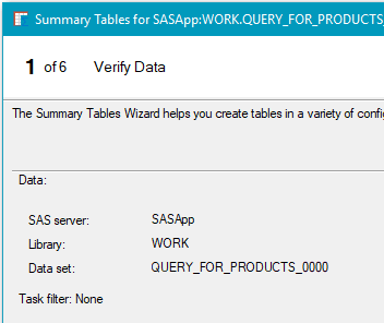 Verify Data page of the Summary Table task